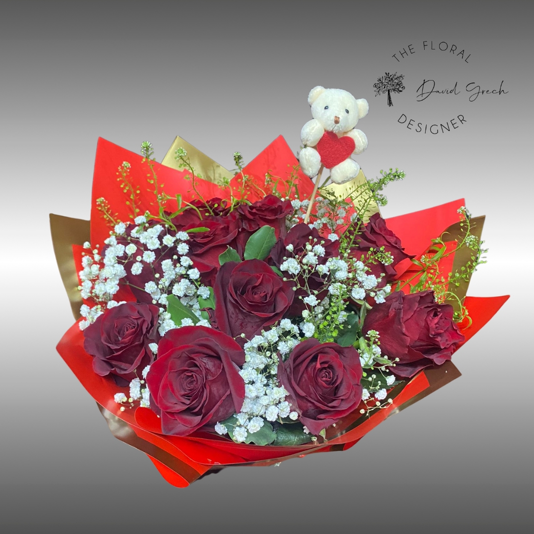 Premium 12Red Roses Bouquet with Teddy Bear - The Floral Designer