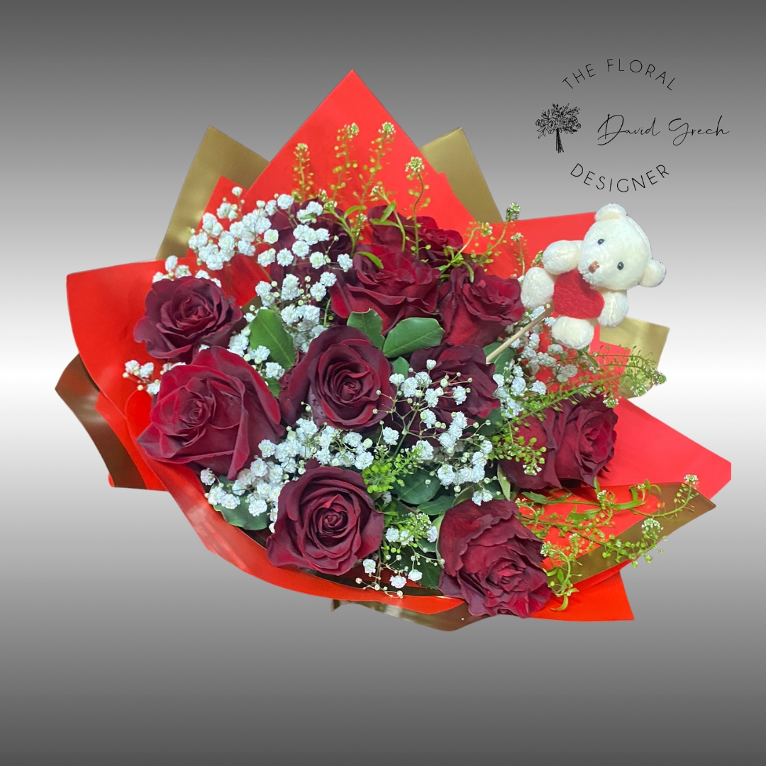 Premium 12Red Roses Bouquet with Teddy Bear - The Floral Designer